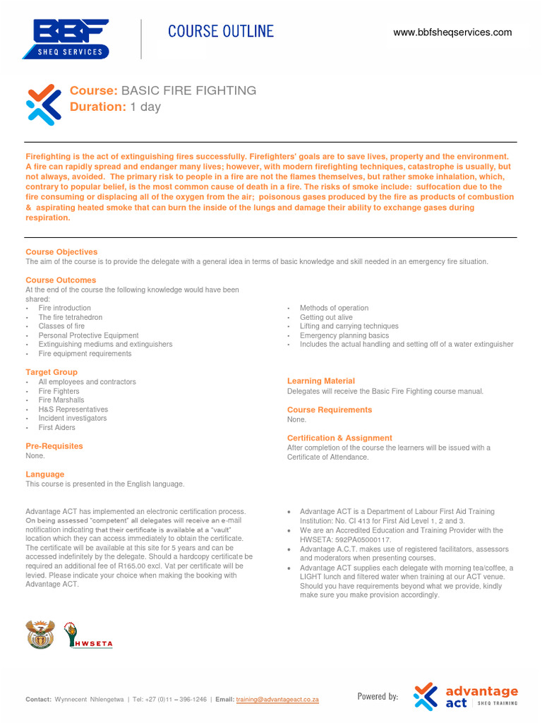 AdvantageACT CourseOutline BasicFireFighting | PDF | Fires | Firefighting