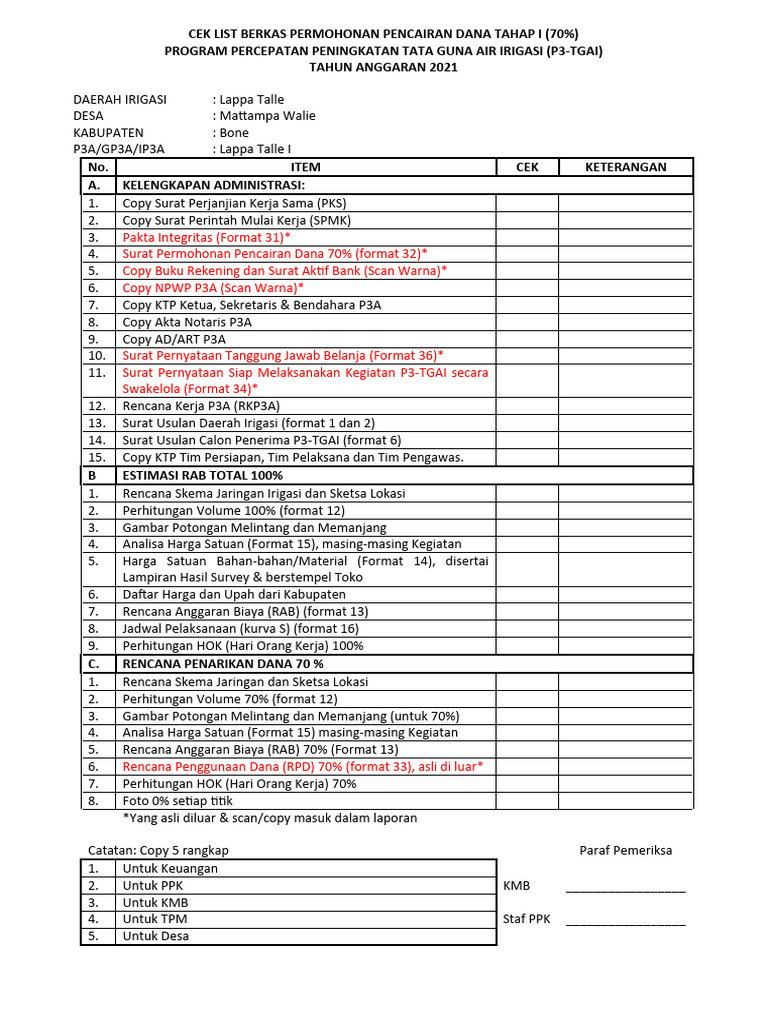 Cek List Pencairan Dana P3-TGAI 2021 | PDF | Teknologi & Rekayasa