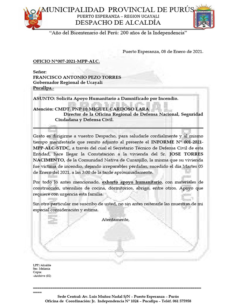 Solicitud de Apoyo Humanitario en Purús | PDF | Perú | Gobierno