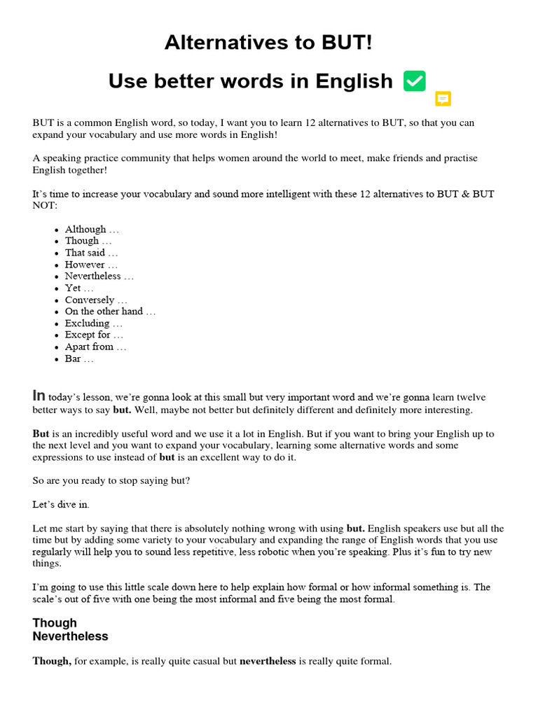 Alternatives To BUT | PDF | English Language | Sentence (Linguistics)