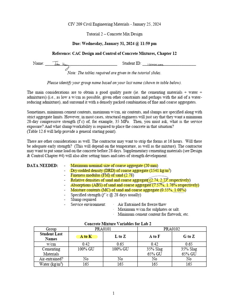 CIV209 Tutorial 2 Assignment - Mix Design - W2024 | PDF | Concrete | Construction Aggregate