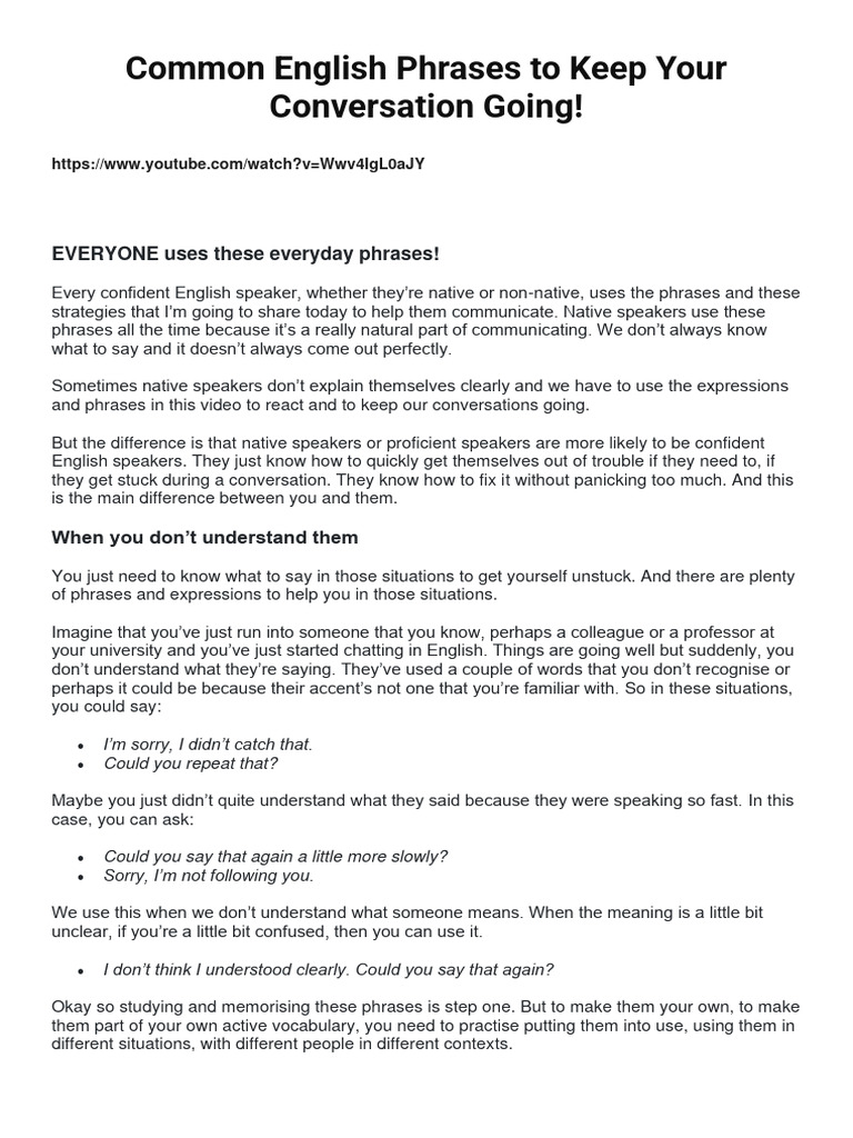 Common English Phrases To Keep Your Conversation Going | PDF | English ...