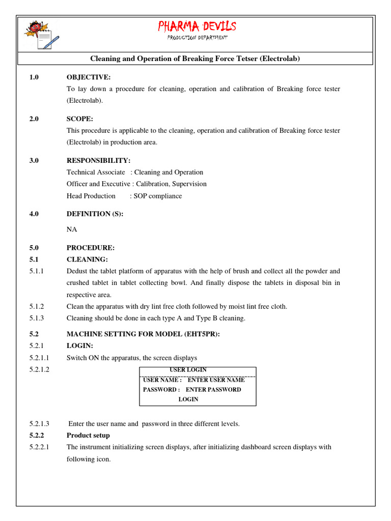 SOP For Cleaning Operation and Calibration of Breaking Force ...