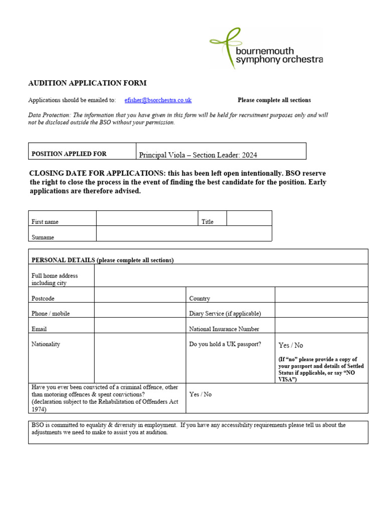 Principal Viola Audition Application Form | PDF