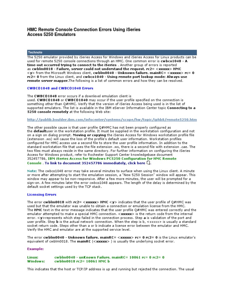 HMC Remote Console Connection Errors Using Iseries Access 5250 ...