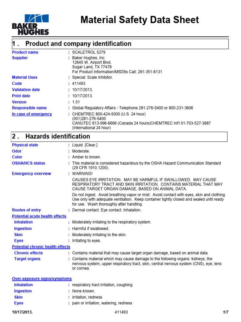 Scaletrol 5279 - Baker Hughes - SDS | PDF | Occupational Safety And Health