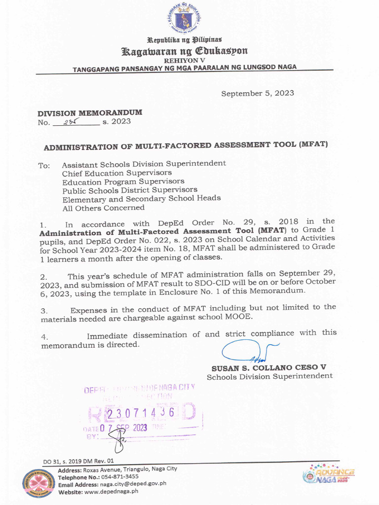 DM No. 235, S. 2023 Administration of Multi-Factored Assessment Tool ...