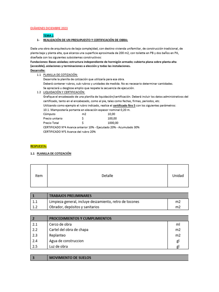 Exámenes Diciembre 2023: Item Detalle Unidad | PDF | Materiales de construcción | Ingeniería de ...