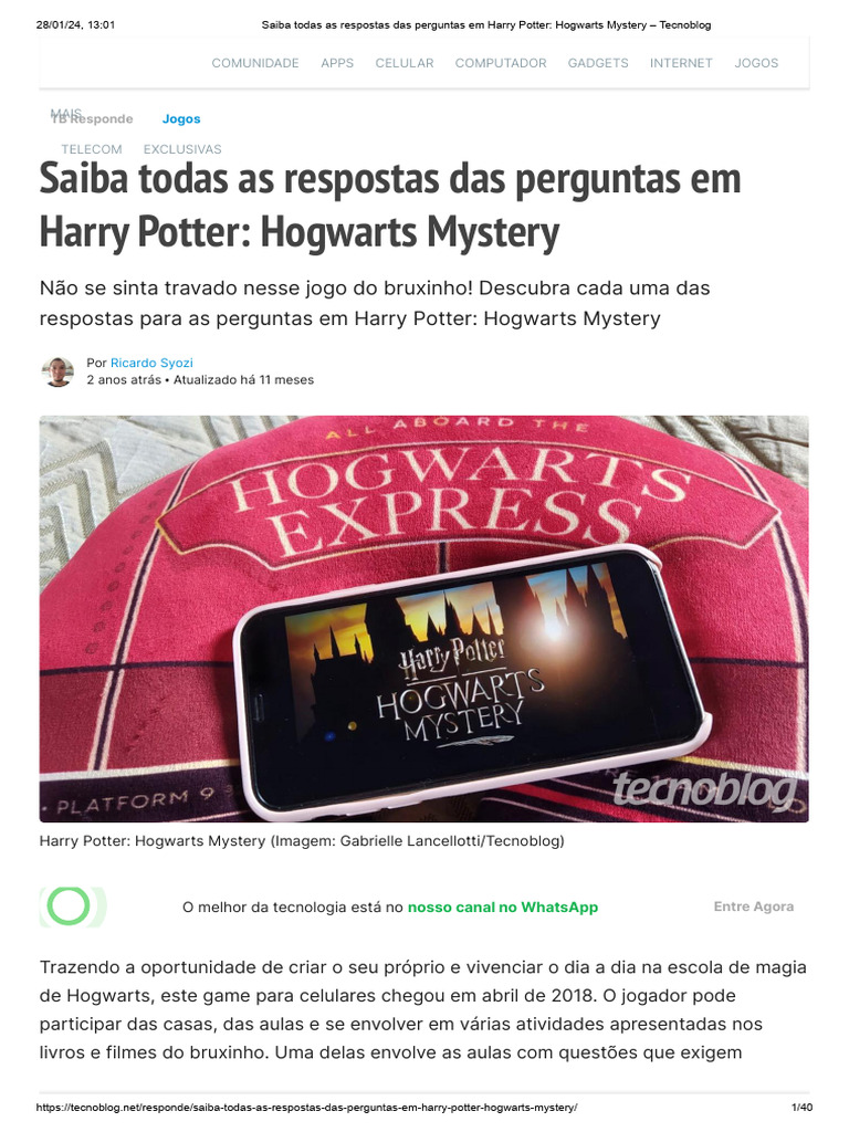Saiba todas as respostas das perguntas em Harry Potter_ Hogwarts Mystery – Tecnoblog | Download ...