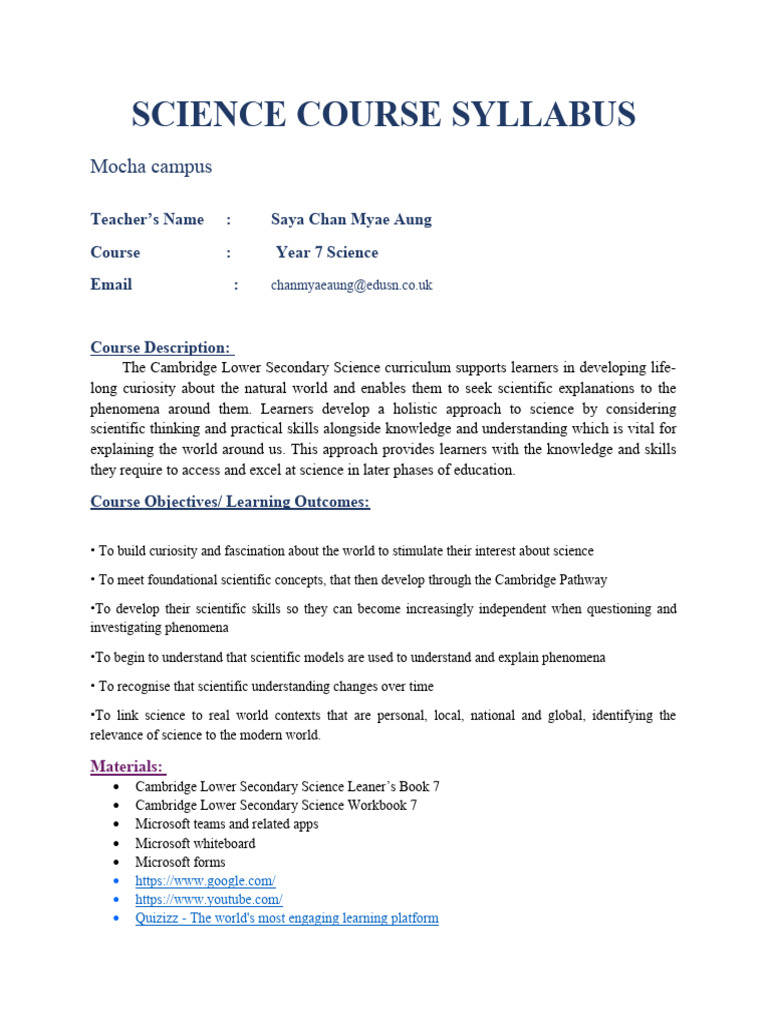 Y7 Science Syllabus (Saya Chan) | PDF | Earth | Chemical Substances