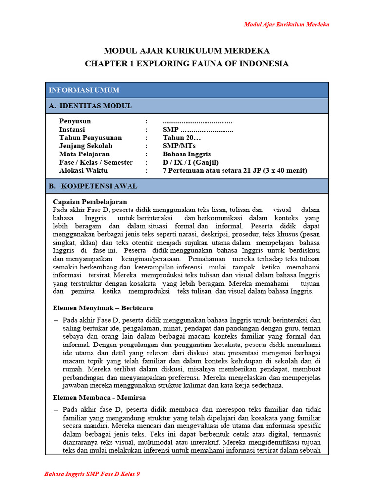 Modul Ajar Chapter 1 Exploring Fauna of Indonesia | PDF | Seni & Disiplin Bahasa