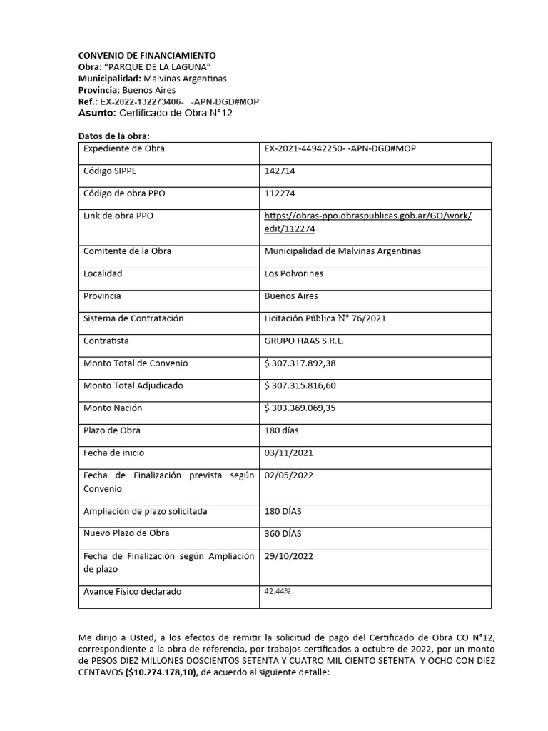 Informe Técnico - Certificado de Obra N°11 - Malvinas Argentinas, Pcia ...