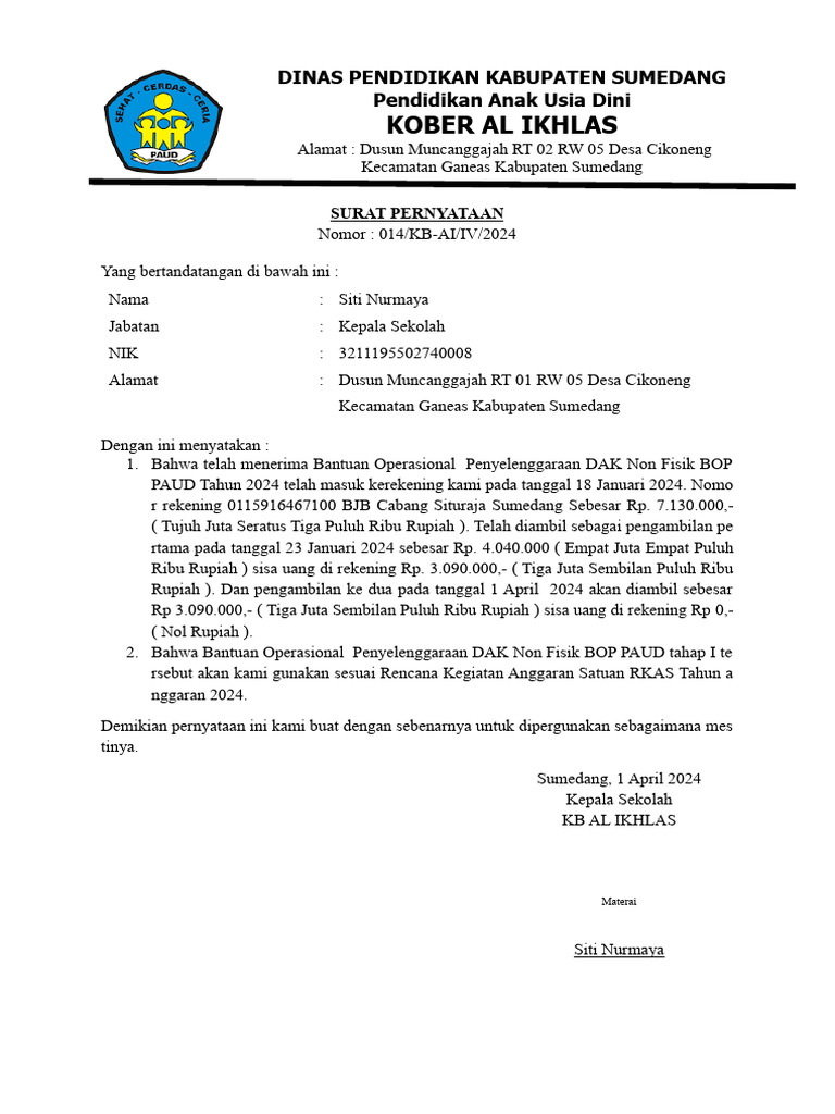 CONTOH SURAT PERNYATAAN PENGAMBILAN BOP BERIKUTNYA | PDF