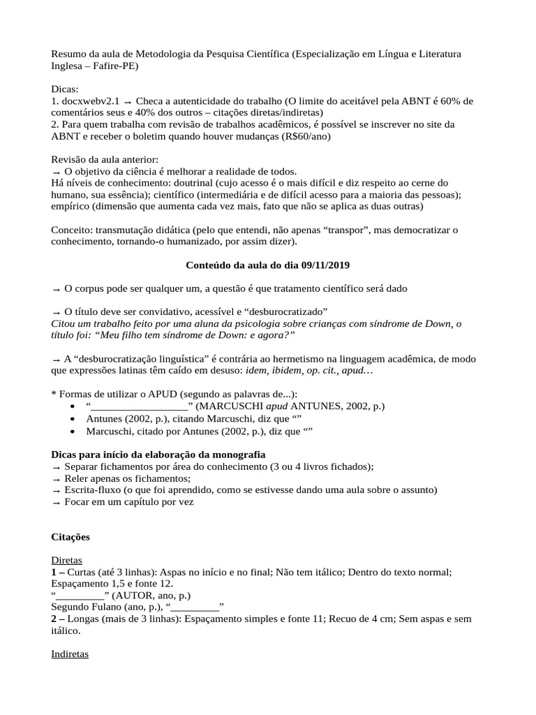 Resumo Aula de Metodologia Científica | PDF | Science | Autor