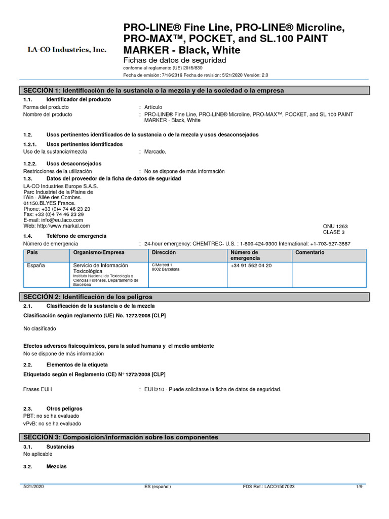 Msds - Pro Line - Microlines Pro-Max Pocket Sl.1000 Paint Marker | PDF ...