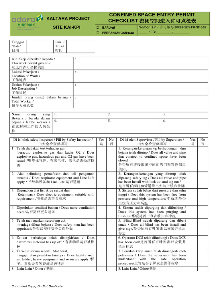 KPS-HSES-FR-SF-055 Form Confined Spaces Checklist - 密闭空间进入许可点检表 | PDF