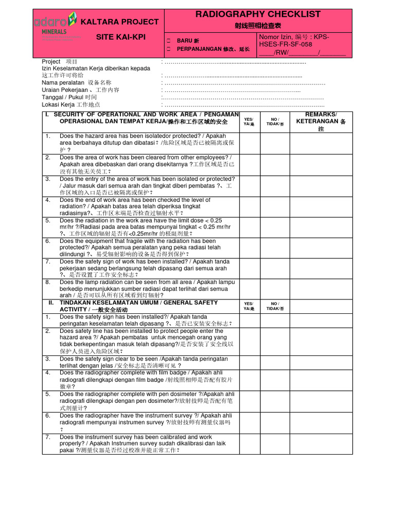 KPS-HSES-FR-SF-058 Form Radhiography Checklist （ID-CHN) - 射线照相检查表 | PDF