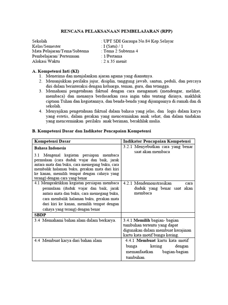 RPP 1X Perteuan Husnah (B.indo Dan SBDP) | PDF