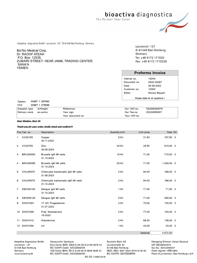 Proforma Invoice for Diagnostic Kits | PDF | Immunology