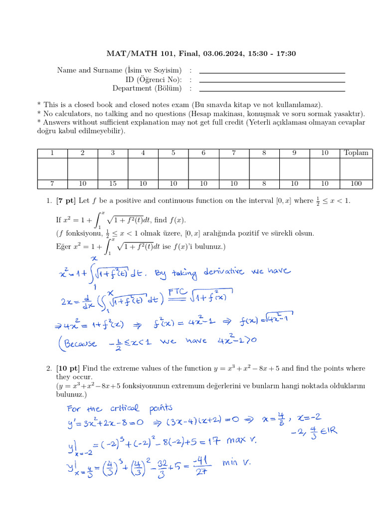 Final Solutions_2024 Spring Math 101 | PDF