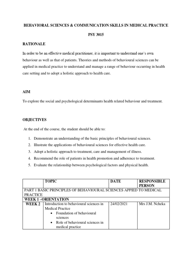 BEHAVIORAL SCIENCES & COMMUNICATION SKILLS IN MEDICAL PRACTICE Psy 2415 ...