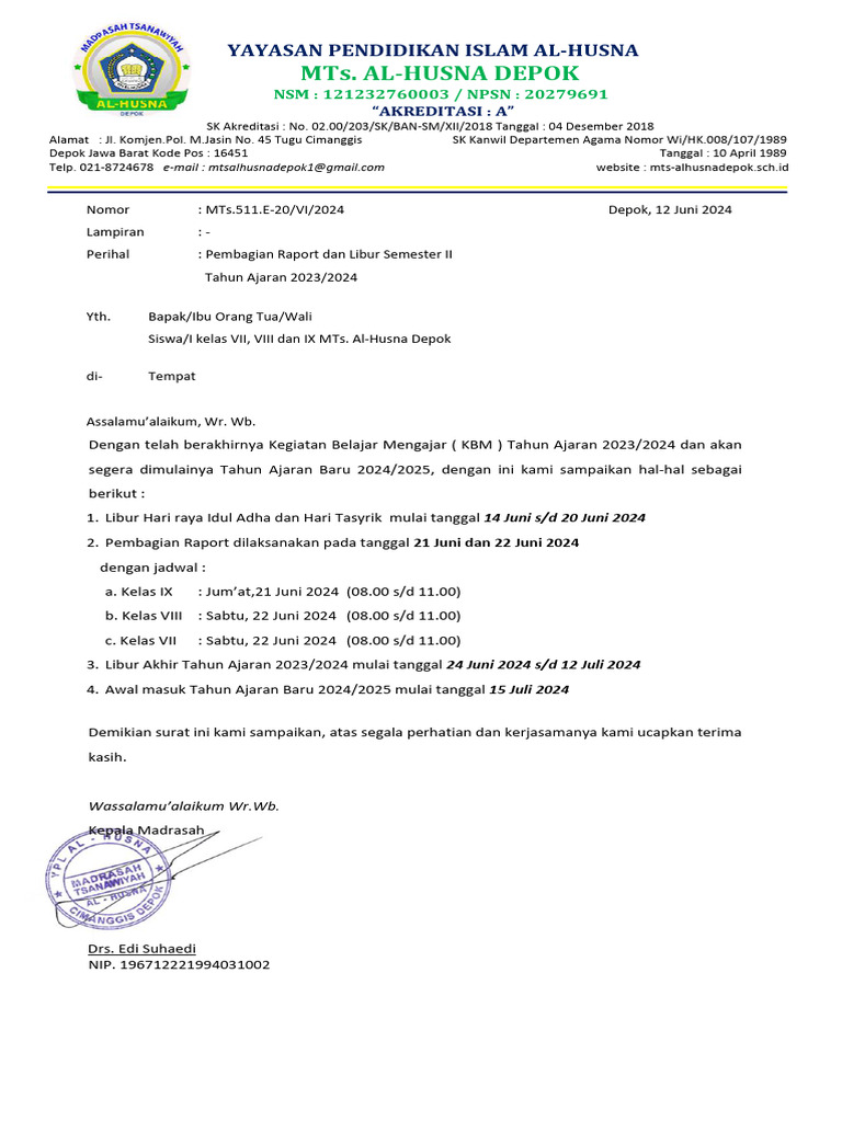 Surat Edaran Pembagian Raport Dan Libur Semester Ii - 2023-2024 | PDF Surat Edaran Pembagian Raport Dan Libur Semester Ii - 2023-2024 | PDF