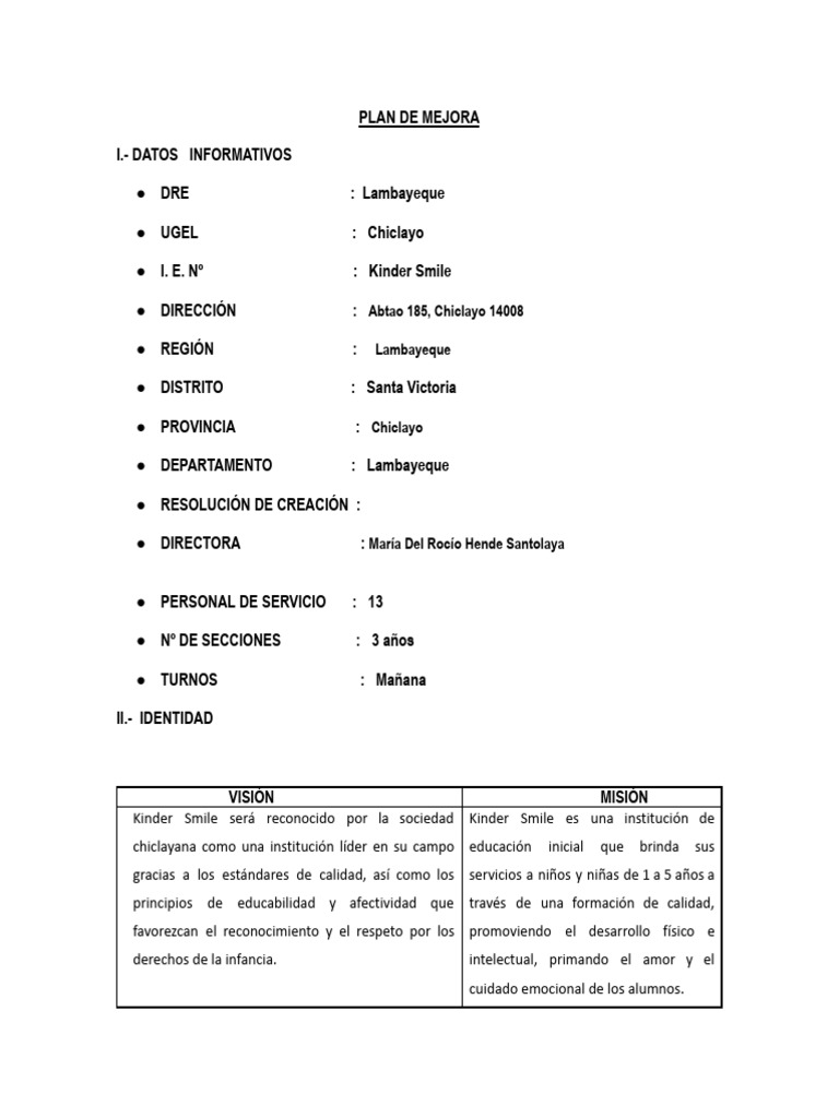 PLAN DE MEJORA Modelo 3 | PDF | Educación de la primera infancia