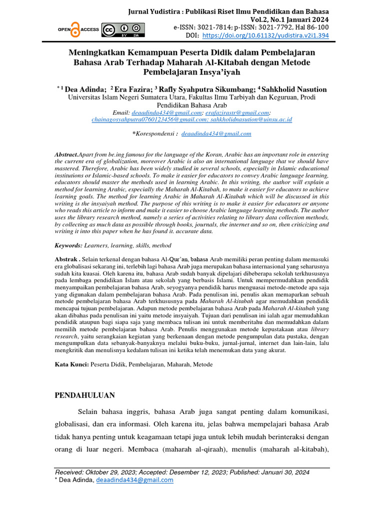 JURNAL+YUDISTIRA+Dea+Adinda+Vol 2+no 1+Januari+2024+Hal 86-100+doi 394+Pembelajaran+Insya'iyah++ ...