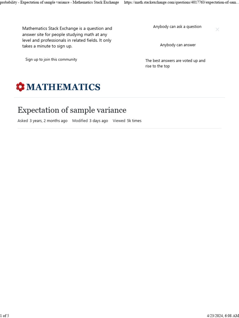 Probability - Expectation of Sample Variance - Mathematics Stack Exchange | PDF | Variance ...