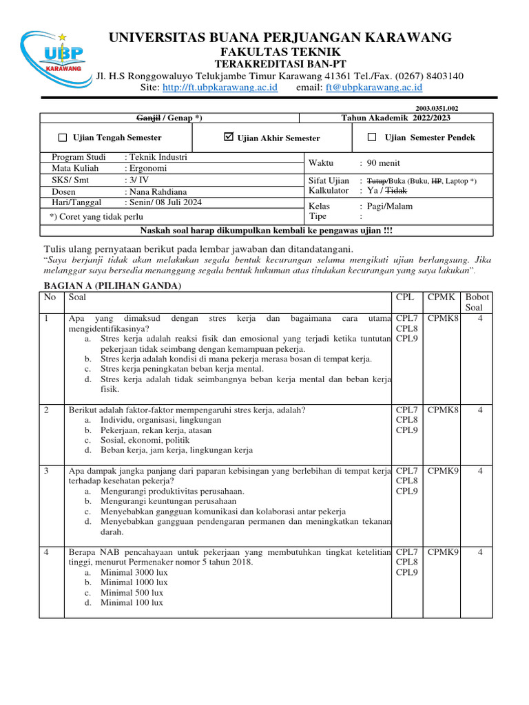 Soal UAS MK Ergonomi | PDF | Teknologi & Rekayasa