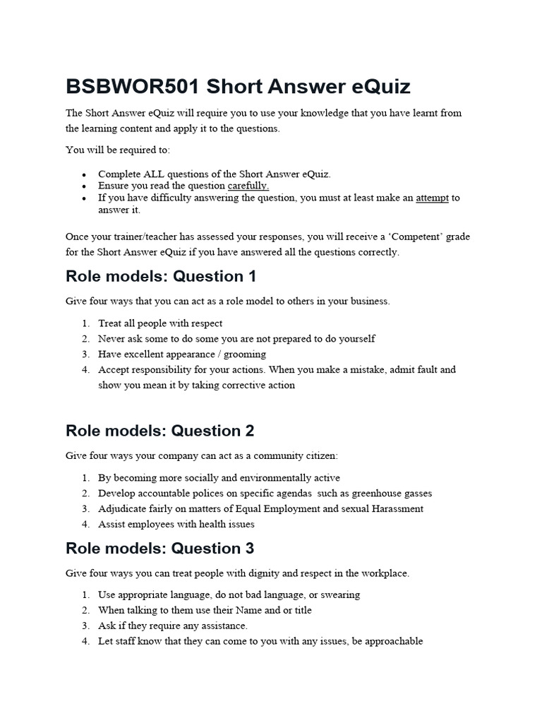 BSBWOR501 Short Answer eQuiz Guide | PDF | Goal | Healthy Diet