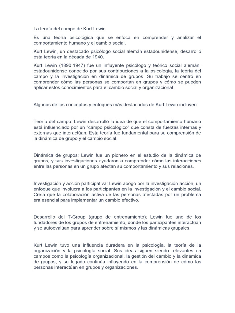 Teoria del campo. Kurt Lewin | PDF | Sicología | Comportamiento