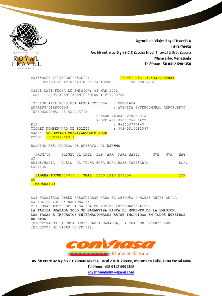 Formato ROYAL Boleto Conviasa | PDF | Avión de línea | Aeronave