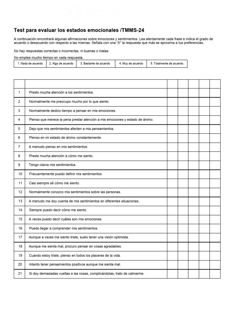 Test TMMS-24 para Evaluar Emociones | PDF | Las emociones | Estado de ...