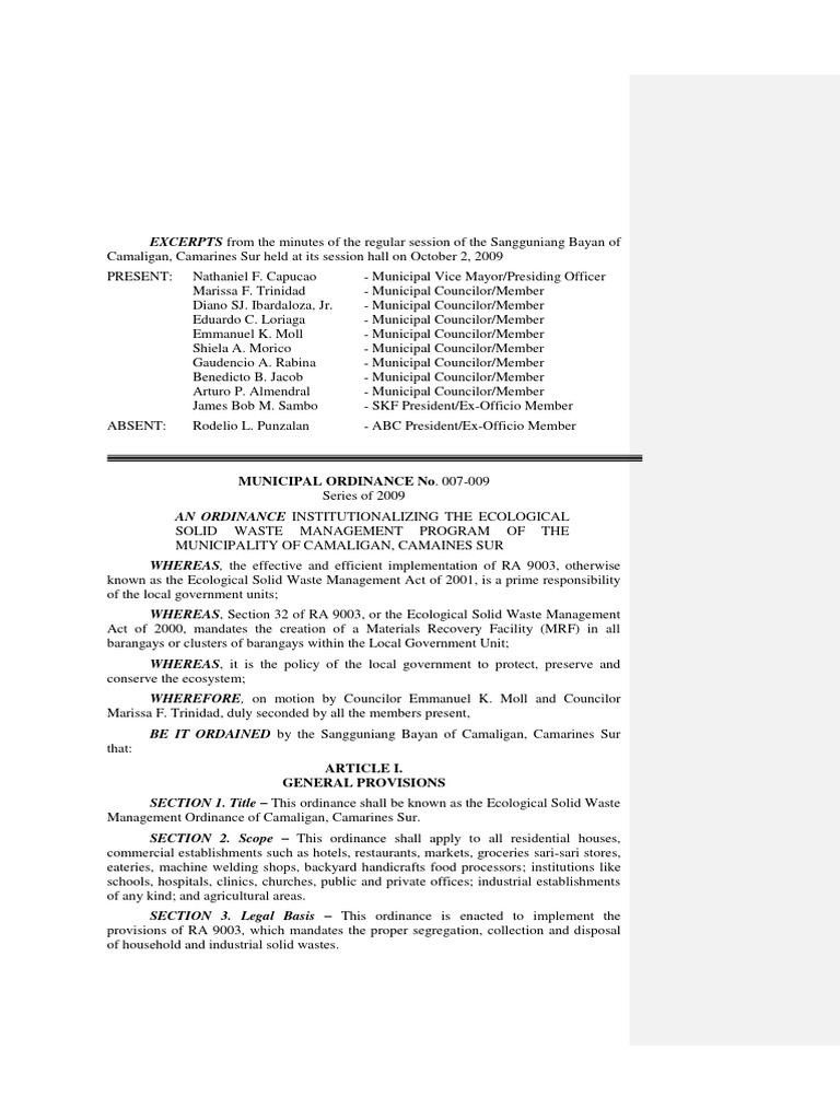 Ord No. 007009 Ecological Solid Waste Management Program | PDF | Waste ...