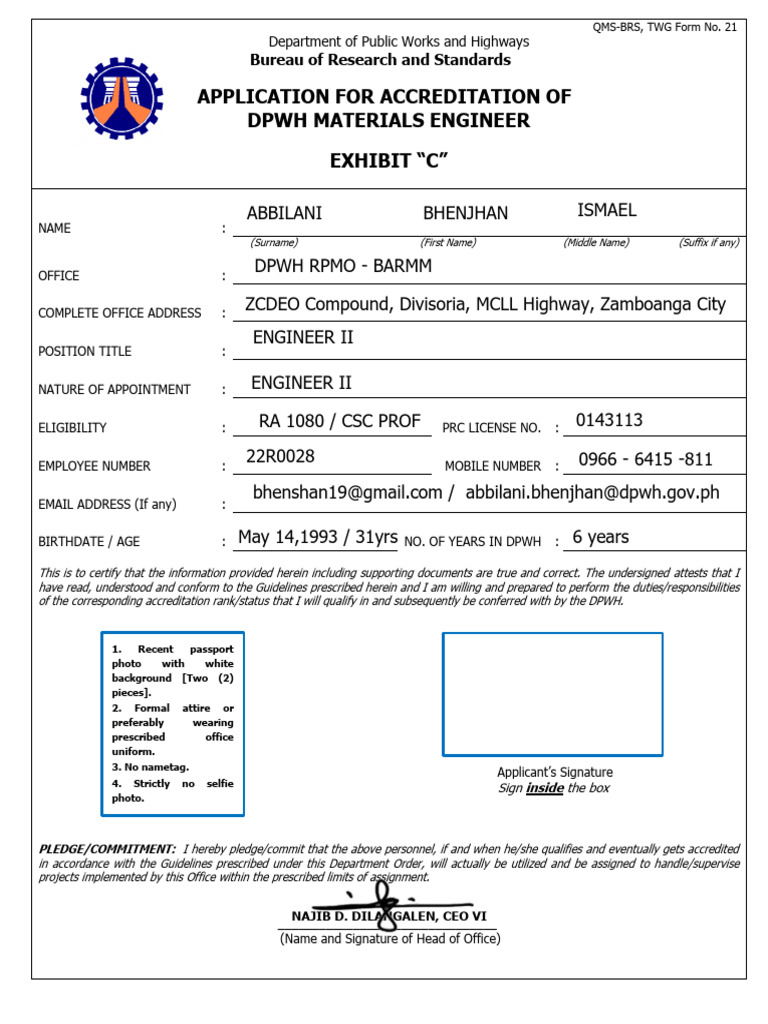 Form No. 21 DPWH Materials Engineer Accreditation 2 | PDF | Engineer