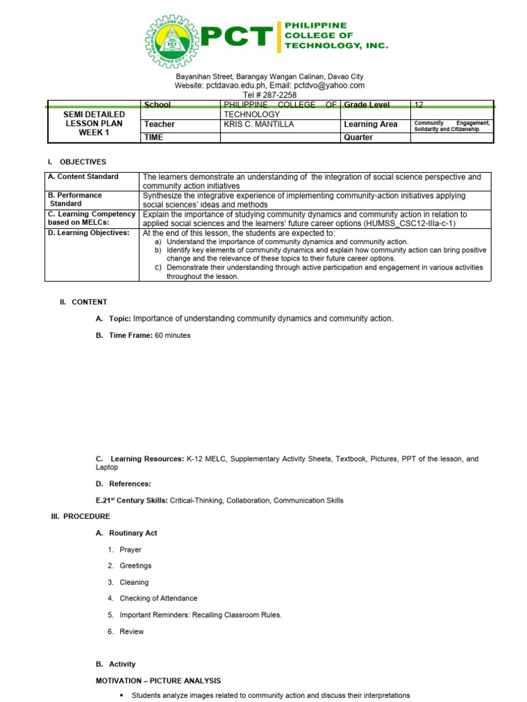 Mantilla_Kris - Lesson Plan Week 1 | Download Free PDF | Critical Thinking | Learning