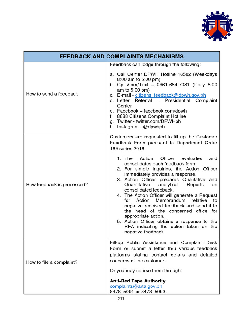Feedback and Complaints Guide DPWH | PDF