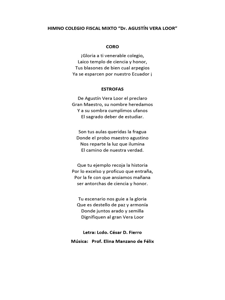 Himno del Colegio Dr. Agustín Vera Loor | PDF