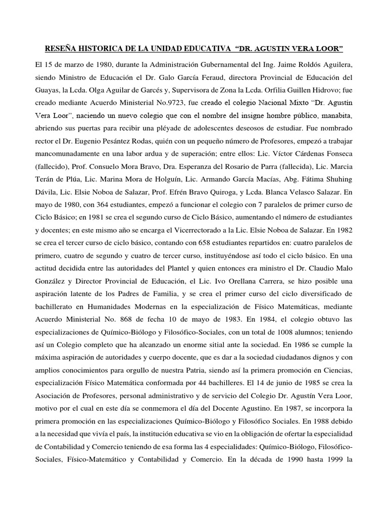 Reseña Histórica del Colegio Agustín Vera Loor | PDF | Maestros