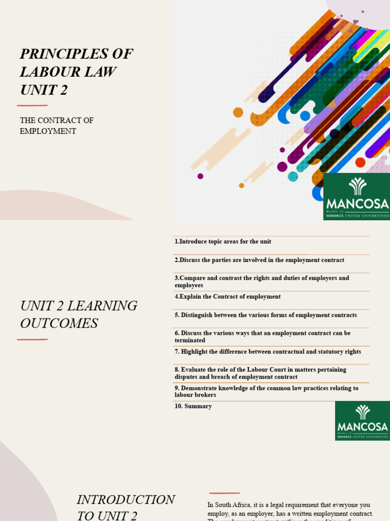 Principles Of Labour Law The Contract Of Employment Unit 2 As At 16