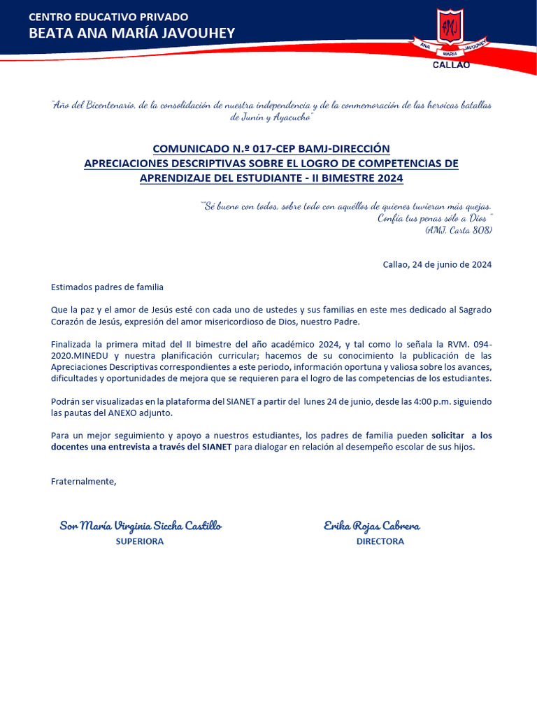 17. COMUNICADO No 017_DIRECCION_APRECIACIONES DESCRIPTIVAS_II BIMESTRE | PDF