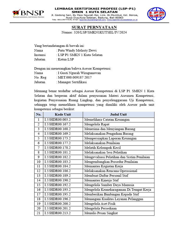 Surat Pernyataan Dan Laporan LSP | PDF