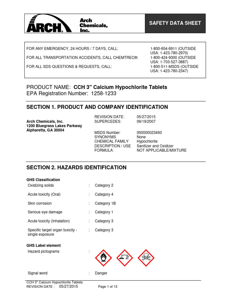 Arch 3 Calcium Hypochlorite Tablets SDS | PDF | Toxicity | Fires