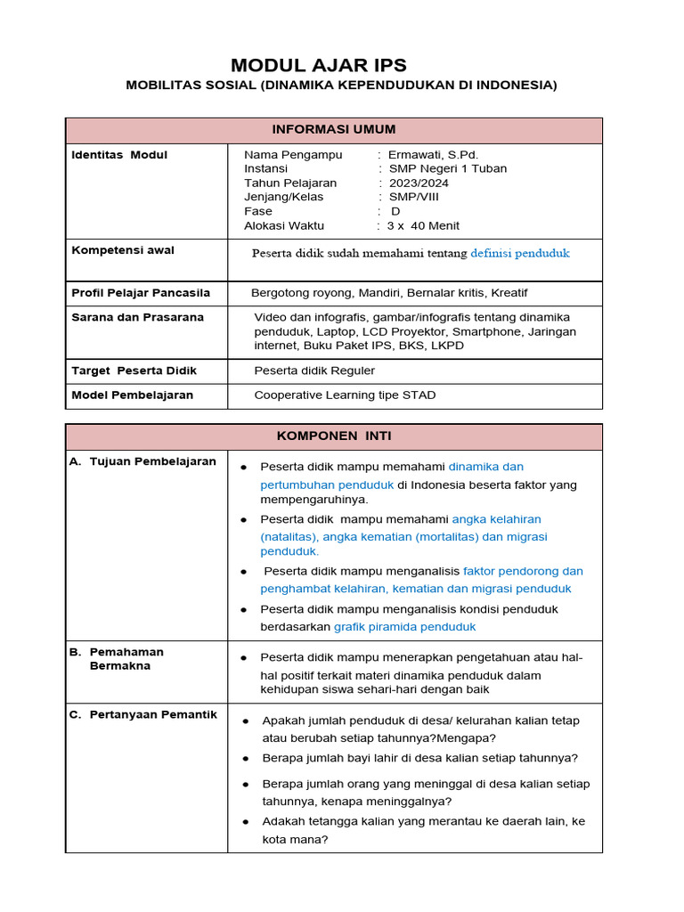 Modul Ajar - SSK IPS - Mobilitas Sosial (Dinamika Kependudukan Di Indonesia) | PDF