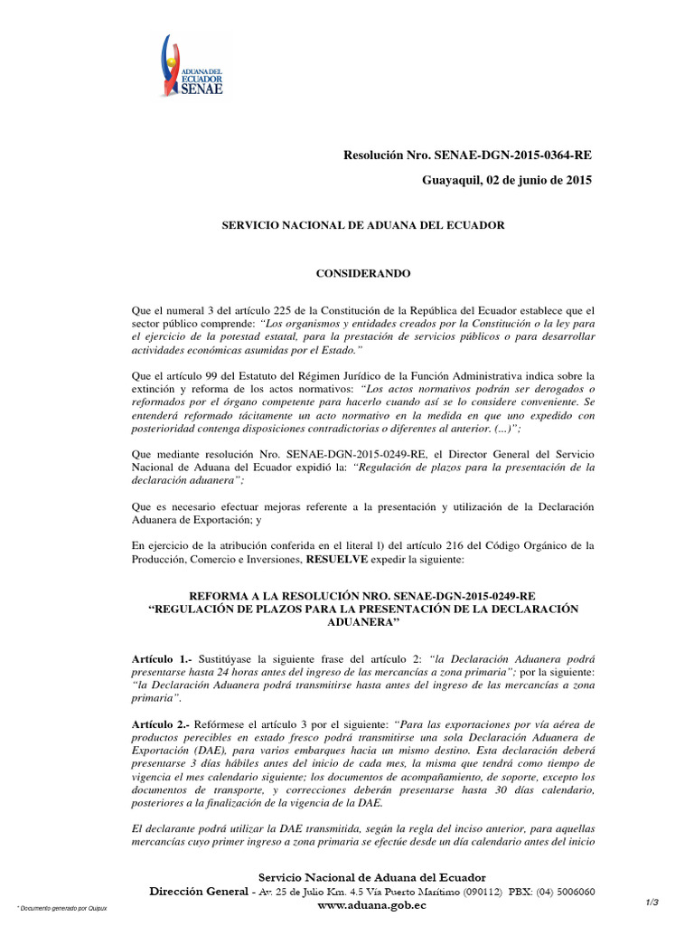 Reforma a la DAE en Aduana Ecuador | PDF | aduana | Ecuador