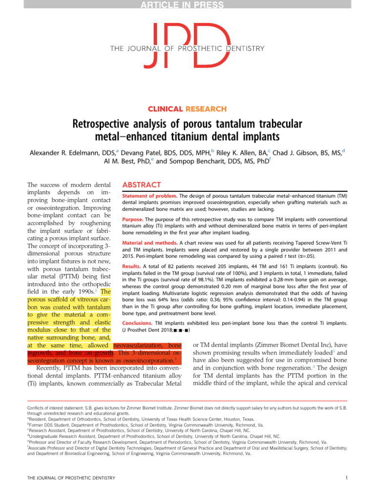 JPD Article On TM Vs TI | PDF | Dental Implant | Titanium