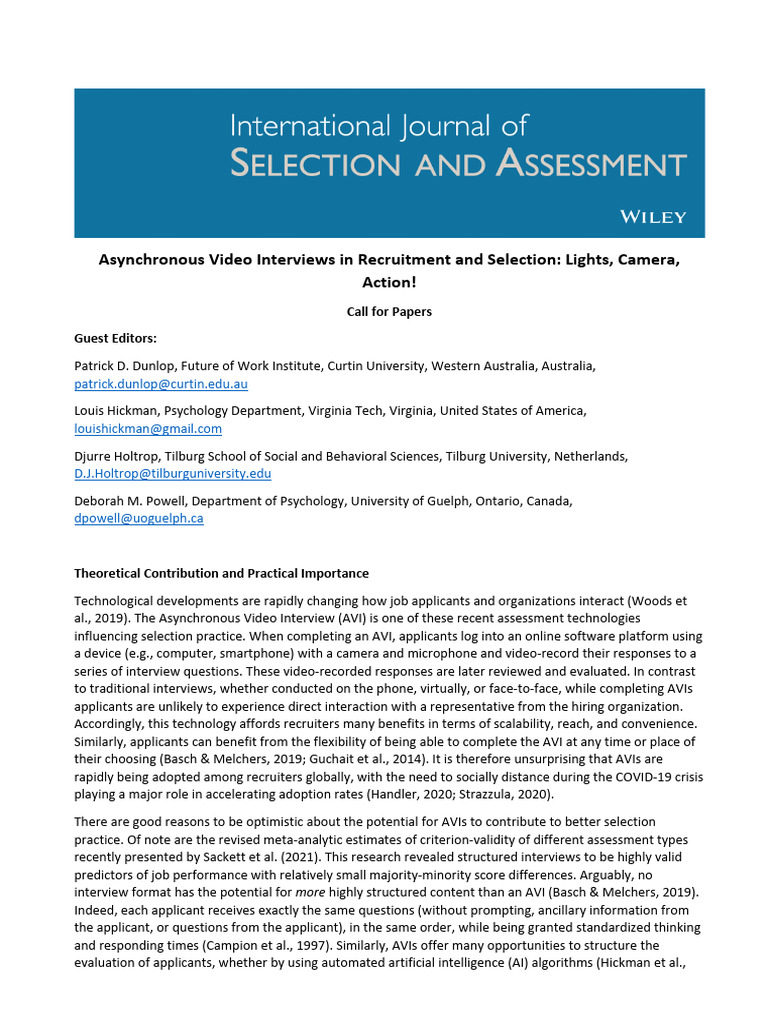 IJSA Special Issue Call For Proposals Asynchronous Video Interviews Final | PDF | Intelligence ...