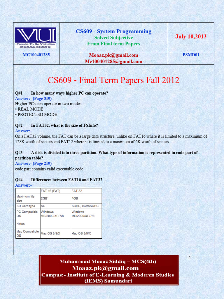 CS609 - Final Term Solved Subjective With References by Moaaz | PDF | Computer Hardware ...