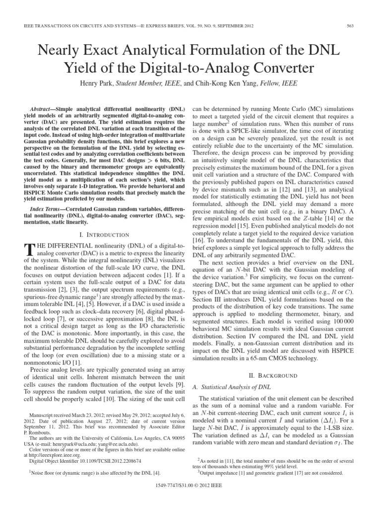 Nearly Exact Analytical Formulation of The DNL Yield of The Digital-to ...